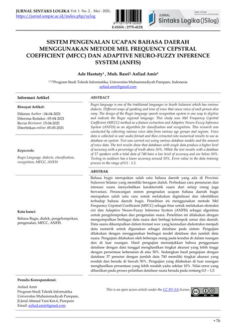 Pdf Sistem Pengenalan Ucapan Bahasa Daerah Menggunakan Metode Mel Frequency Cepstral