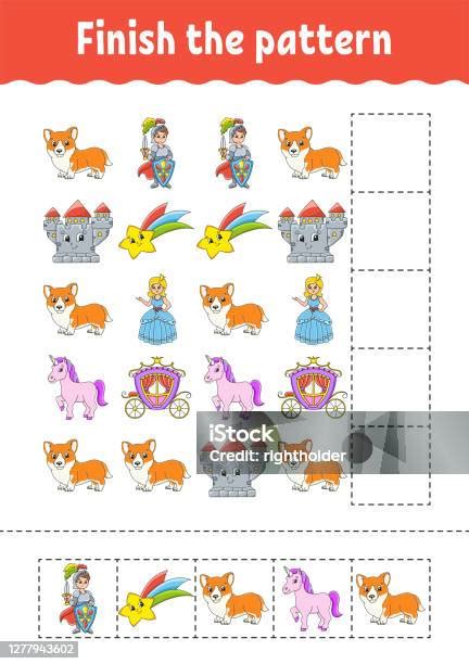 패턴을 완성합니다 잘라 서 재생할 수 있습니다 워크시트를 개발하는 교육 활동 페이지입니다 만화 캐릭터 개발에 대한 스톡 벡터 아트 및 기타 이미지 Istock