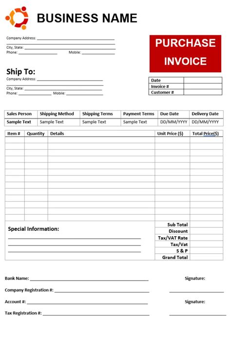 Purchase Invoice Template Free Word Excel Templates