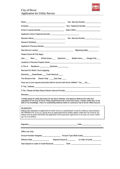 Application For Utility Service Form City Of Dover Utility Department