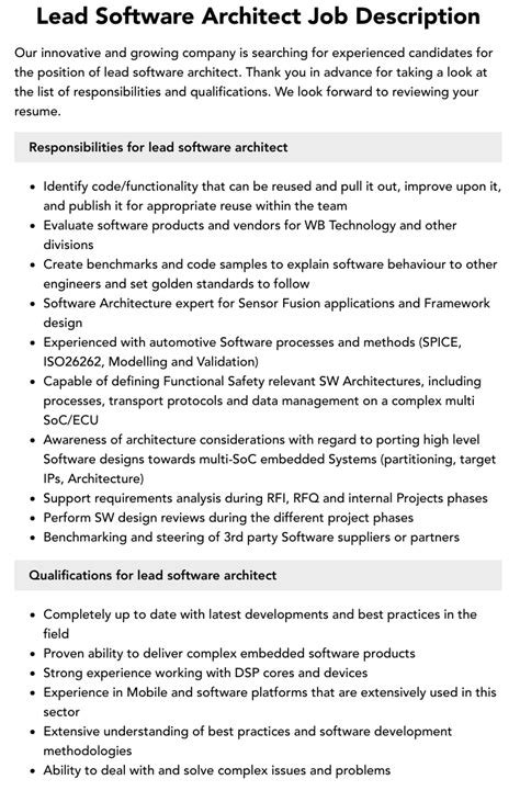 Lead Software Architect Job Description Velvet Jobs