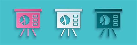 종이 컷 프레젠테이션 금융 비즈니스 게시판에는 그래프 일정 차트 다이어그램 인포그래픽 파이 그래프 아이콘이 파란색 배경에 분리되어 있습니다 종이 아트 스타일 벡터 3차원