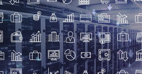 Image Of Interface With Digital Icons And Mosaic Squares Against Computer Server Room Stock