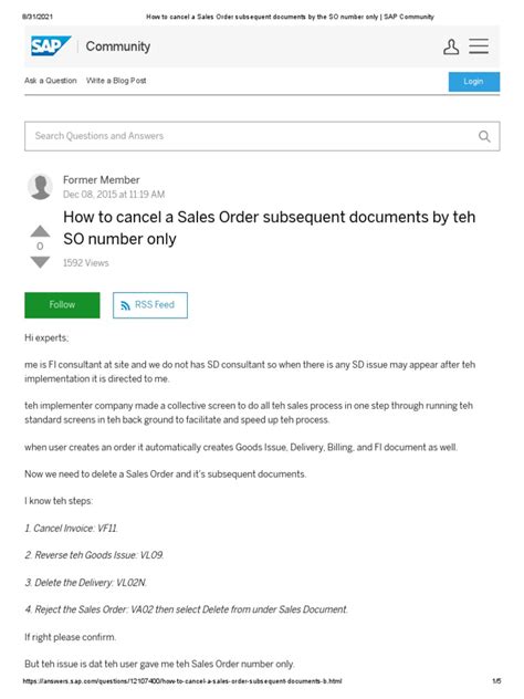 How To Cancel A Sales Order Subsequent Documents By The So Number Only Sap Community Pdf