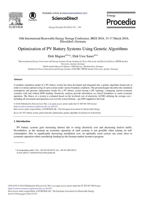 Pdf Optimization Of Pv Battery Systems Using Genetic Algorithms