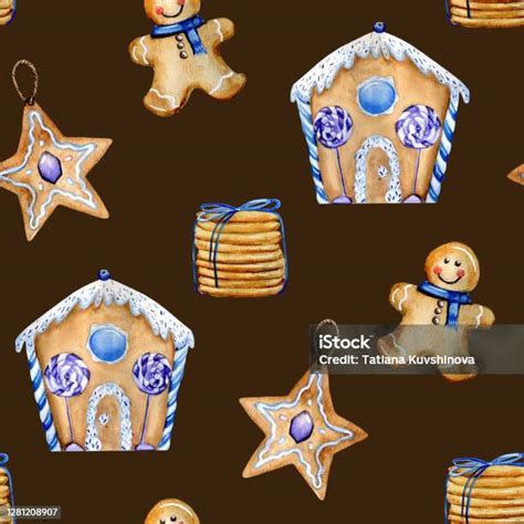 수채화 손갈색 배경에 전통적인 크리스마스 진저 브레드와 크리스마스 원활한 패턴을 그린 0명에 대한 스톡 벡터 아트 및 기타 이미지 0명 12월 겨울 Istock