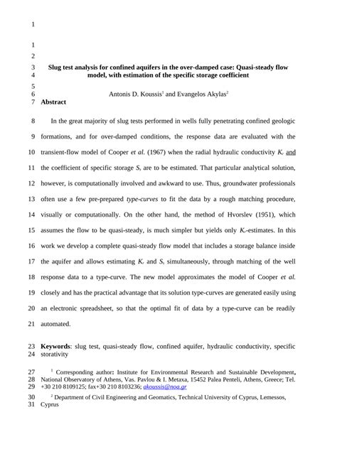 Pdf Slug Test In Confined Aquifers The Over Damped Case Quasi