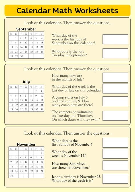 Calendar Math Worksheets