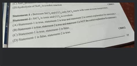 Statement Between SiCl And CCl Only SiCl Reacts With Water At R
