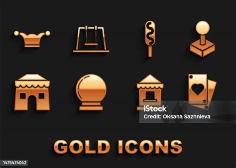 세트 매직 볼 아케이드 기계용 조이스틱 카드 놀이 티켓 박스 오피스 서커스 텐트 옥수수 개 종소리와 스윙 아이콘이 있는 광대 모자 벡터 Brand Name Video