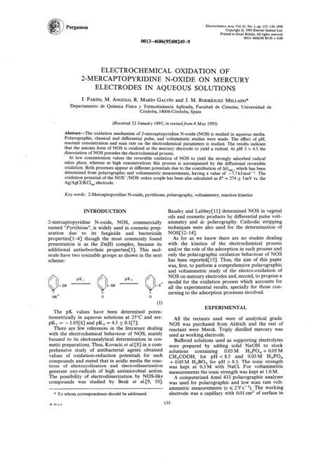 Pdf Electrochemical Oxidation Of 2 Mercaptopyridine N Oxide On Mercury Electrodes In Queous