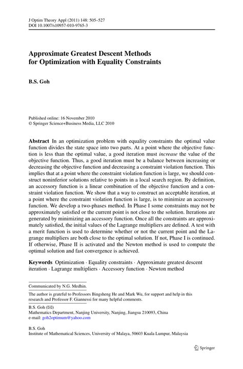 Pdf Approximate Greatest Descent Methods For Optimization With Equality Constraints