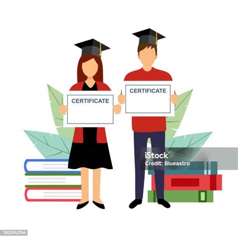 졸업 모자를 쓰고 평평한 디자인의 배경에 책이 쌓인 인증서를 들고 있는 남녀 학생들 교육 대학원 및 학위 지식과 개념을 공부 공부에 대한 스톡 벡터 아트 및 기타 이미지