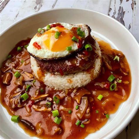 Loco Moco White Rice Hamburger Patty Frizzled Egg Brown Gravy With
