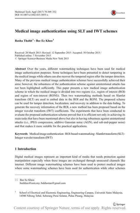 medical image authentication using slt and iwt schemes request pdf