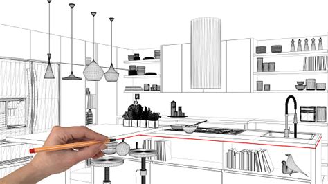 인테리어 디자인 프로젝트 개념 손 그림 사용자 지정 아키텍처 흑백 잉크 스케치 청사진을 보여주는 현대 부엌 섬 및 변 0명에 대한 스톡 사진 및 기타 이미지 Istock