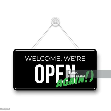 오신 것을 환영합니다 우리는 다시 사인 비즈니스 재개 입구에 매달려 검은 간판을 엽니 다 검은색에 대한 스톡 벡터 아트 및 기타 이미지 Istock
