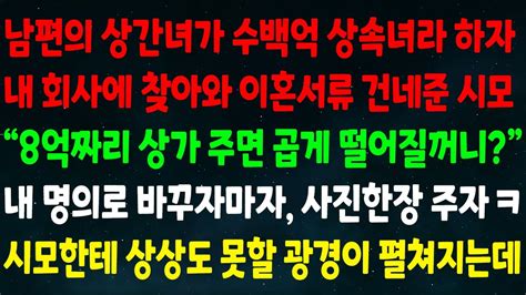 실화사연 남편 상간녀가 수백억 상속녀라 하자 날 찾아와 이혼서류 준 시모 8억 상가 주면 곱게 떨어질레 내 명의로