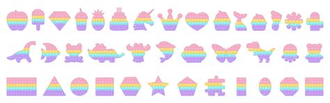 팝 생일 공룡 과 다양한 형태의 큰 세트는 트렌디 한 파스텔 안절부절 장난감을 팝업 파스텔 무지개 색상의 중독성 안티 스트레스 장난감 버블 감각 유행 장난감 벡터 그림입니다