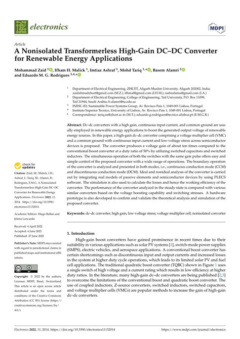 Pdf A Nonisolated Transformerless High Gain Dc Dc Converter For Renewable Energy Applications