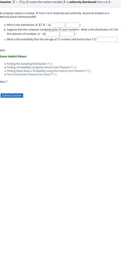 Solved Notation X∼uab Means The Random Variable X Is