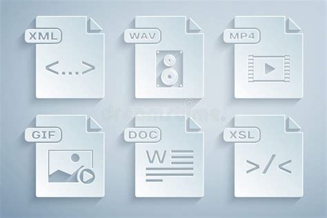 Set Doc File Document Mp4  Xsl Wav And Xml Icon Vector Stock Vector Illustration Of