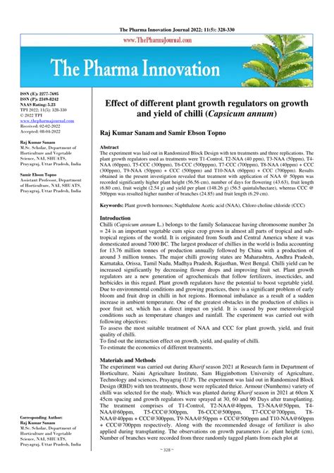 Pdf Effect Of Different Plant Growth Regulators On Growth And Yield Of Chilli Capsicum Annum