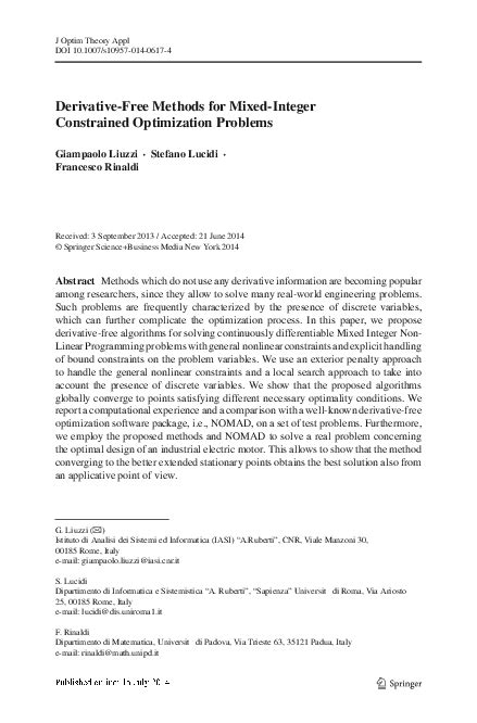 Pdf Derivative Free Methods For Mixed Integer Constrained