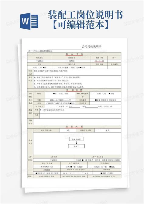 装配工岗位说明书可编辑范本Word模板下载 编号qyznbzwr 熊猫办公