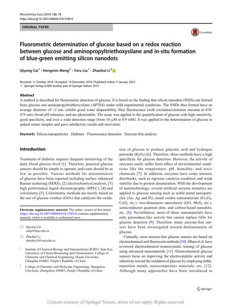 Fluorometric Determination Of Glucose Based On A Redox Reaction Between Glucose And