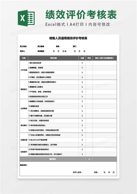 销售人员通用绩效评价考核表excel表格模板下载销售图客巴巴