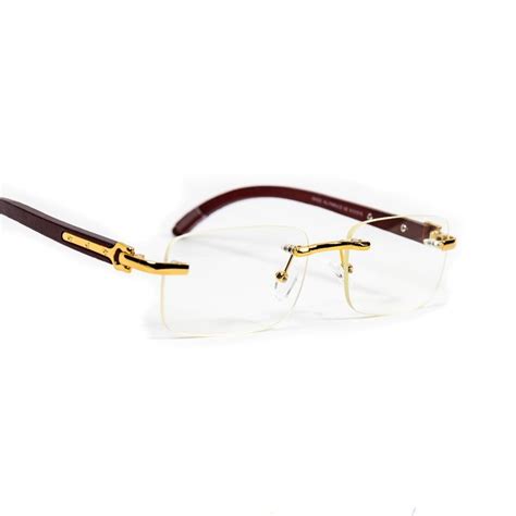 Mens Designer Clear Lens Gold Frame Wood Grain Rectangular Luxury