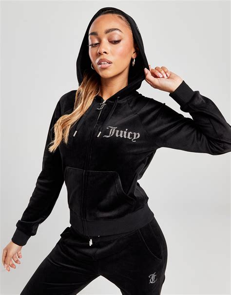 Black Juicy Couture Diamante Logo Velour Full Zip Hoodie Jd Sports Ireland
