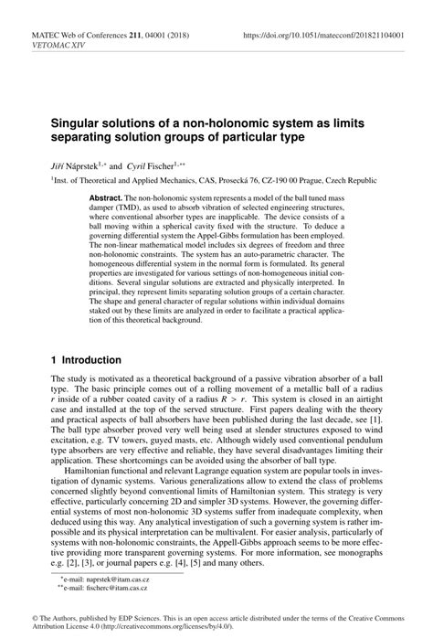 Pdf Singular Solutions Of A Non Holonomic System As Limits Separating