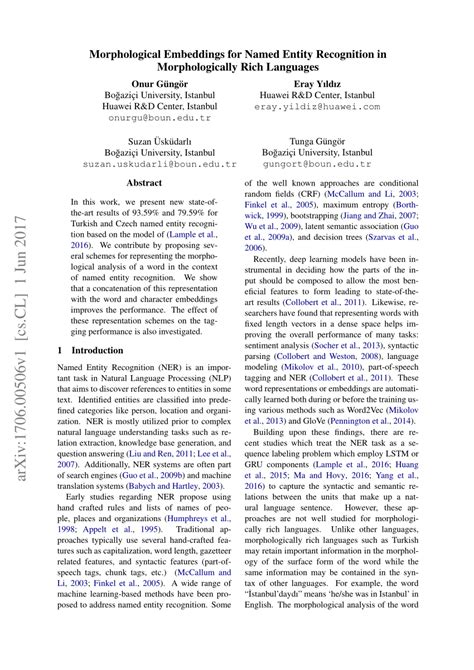 Pdf Morphological Embeddings For Named Entity Recognition In