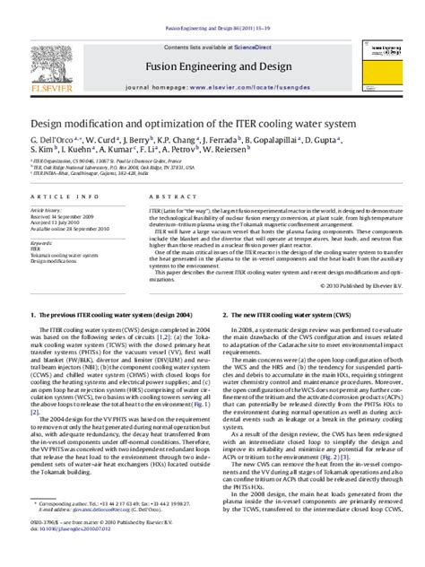Pdf Design Modification And Optimization Of The Iter Cooling Water System