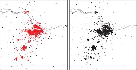 clusters identified by the dbscan algorithm in red left clustered