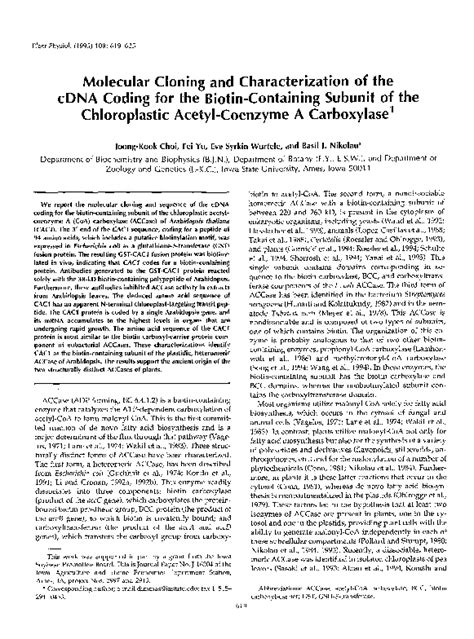 Pdf Molecular Cloning And Characterization Of The Cdna Coding For The Biotin Containing