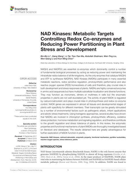 Pdf Nad Kinases Metabolic Targets Controlling Redox Co Enzymes And Reducing Power