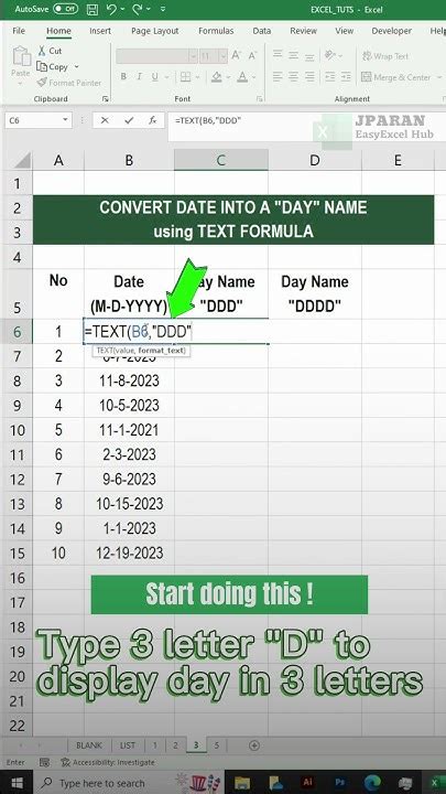 Convert Date Into A Day Name Using Excel Text Function Youtube
