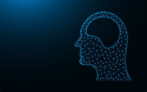 인간의 머리와 뇌 낮은 폴리 아이콘 인간의 장기 추상 기하학적 이미지 어두운 파란색 배경에 포인트와 선으로 만든 의료 와이어 프레임 메쉬 다각형 벡터 그림 머리에 대한 스톡