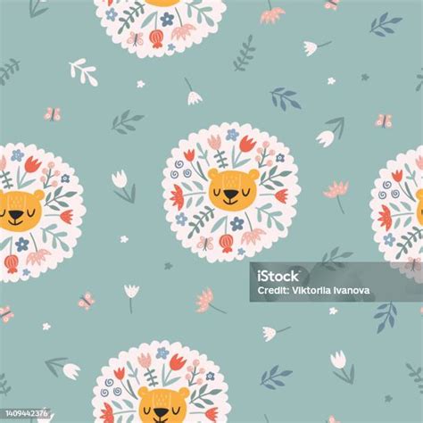 귀여운 사자 이음새가 없는 무늬 포스터 카드 티셔츠 직물 텍스처 포장 섬유 벽지 및 의류에 대한 손으로 그린 벡터 일러스트레이션