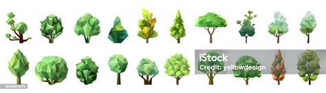 분리된 추상적인 낮은 폴리 트리 아이콘의 집합입니다 기하학적 포리스트 다각형 스타일 컬렉션입니다 벡터 3d 낮은 폴리 기호입니다 양식화된 에코 디자인 요소 로우 폴리곤