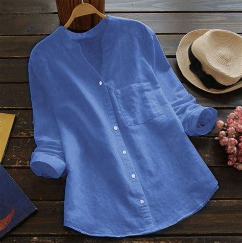 Cotton Linen Buttoned Mandarin Collar Long Sleeve Shirt Elluis Fashion