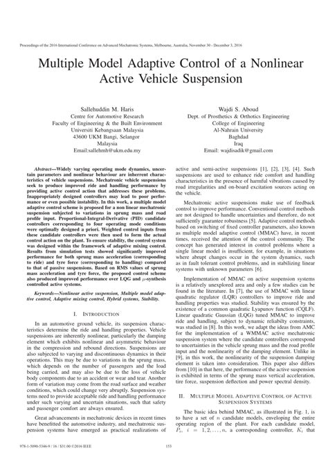Pdf Multiple Model Adaptive Control Of A Nonlinear Active Vehicle Suspension