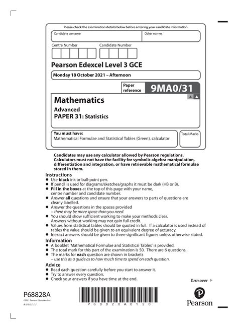 Pearson Edexcel Level 3 Gce Mathematics Advanced Paper 31 Statistics Scholarfriends
