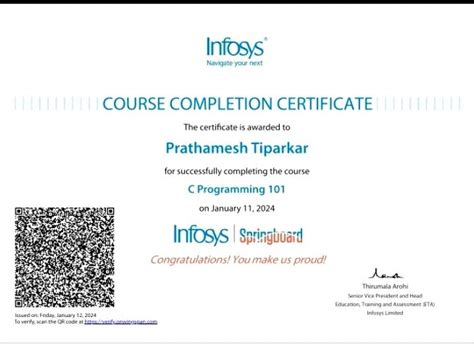 Completed C Programming Course By Infosys Springboard Prathamesh Tiparkar Posted On The Topic