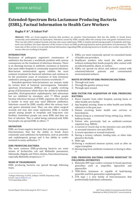 Pdf Extended Spectrum Beta Lactamase Producing Bacteria Esbl Factual Information To Health