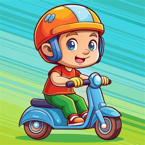 스쿠터를 타고 헬을 착용한 소년의 만화 프리미엄 Ai 생성 벡터