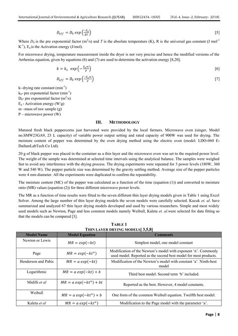 Kinetics And Mathematical Modeling Of Microwave Drying Of Sri Lankan Black Pepper Piper Nigrum